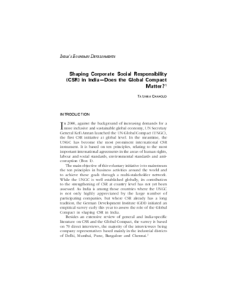 Shaping Corporate Social Responsibility (CSR) in India: does the global ...